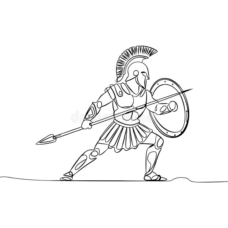 Ancient Greek Warrior Vector Illustration with Spear and Shield in ...