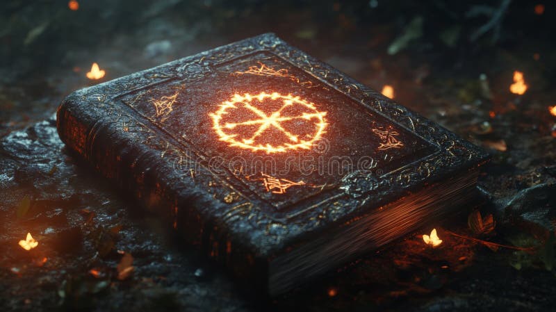 Ancient Grimoire with Glowing Symbol in Forest Setting Stock ...