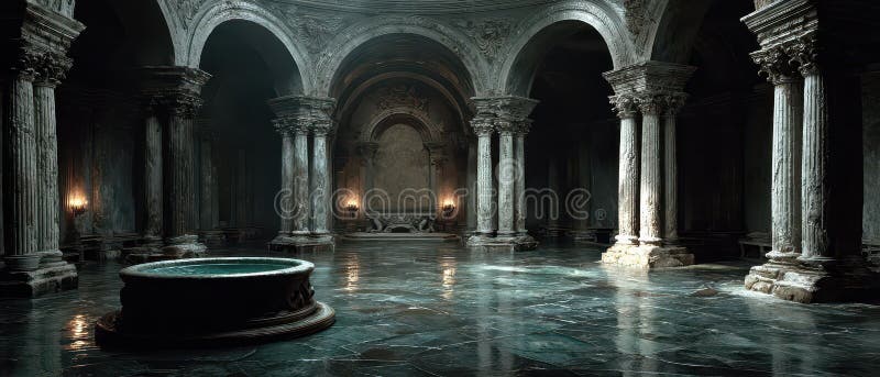 Ancient Hall with Stone Columns and a Water Basin Stock Image - Image ...