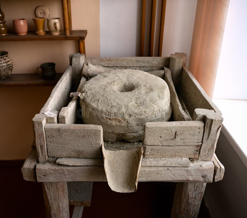 Ancient Hand Driven Millstone Device in Historical Museum Stock Photo ...