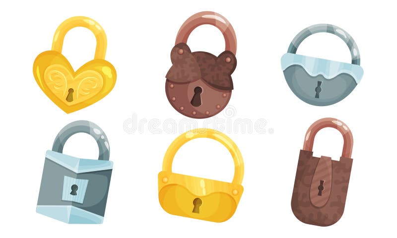 Ancient Hanging Locks Vector Set. Flat Antique Padlocks Collection ...
