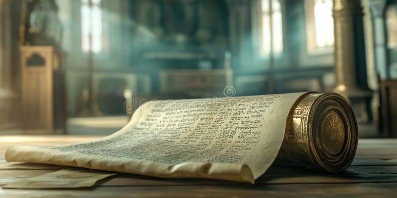 Ancient Hebrew Scroll Rests Open on Wooden Table in Synagogue Stock ...