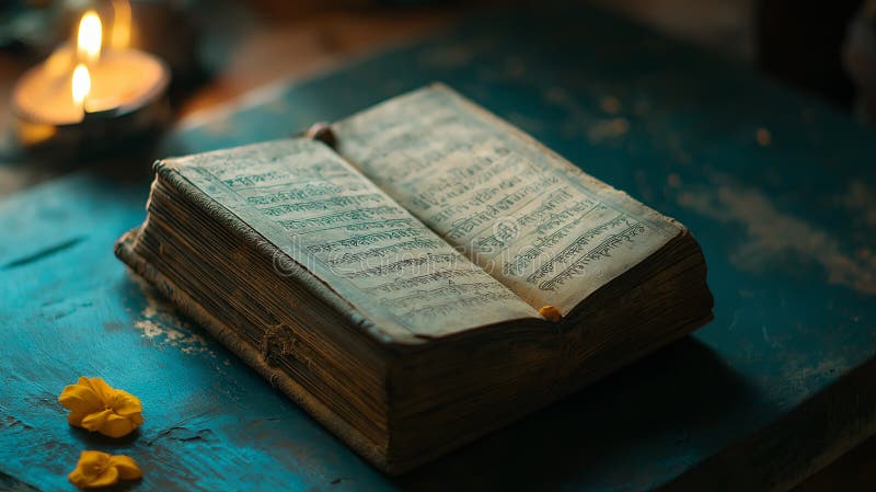 Ancient Hindu Scripture with Candlelight and Flowers Stock Illustration ...