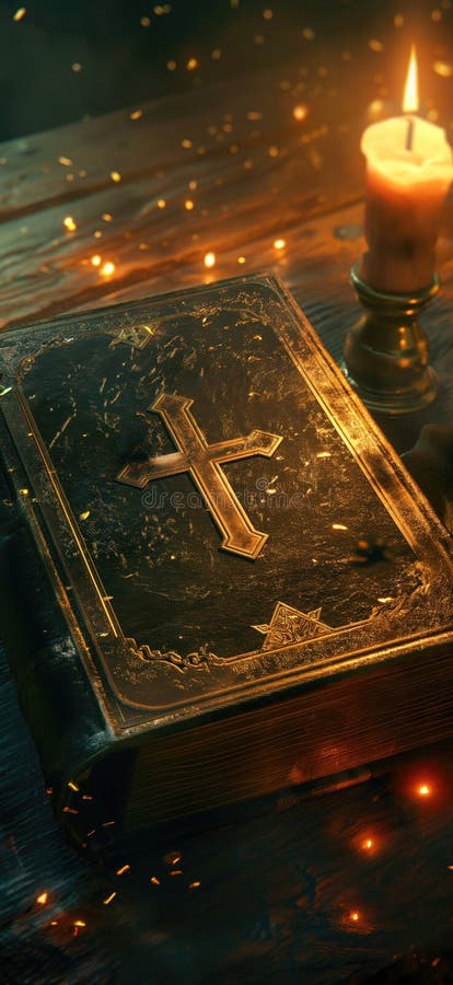 Bible. Ancient Holy Bible with a Cross on the Cover Lying on a Desk ...