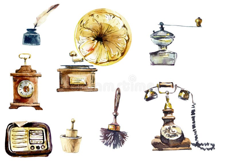 Ancient Household Things. Watercolor Hand Drawn Illustration Stock ...