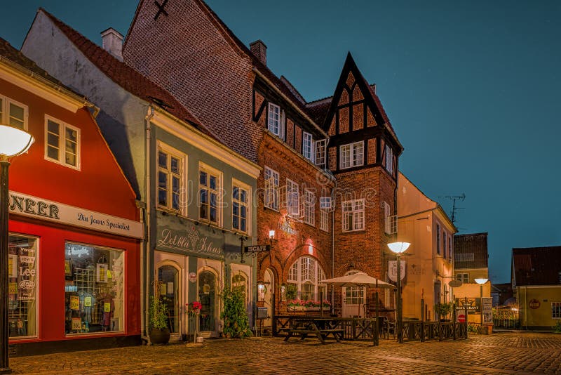 Ancient Houses at Night in a Small Danish Town Editorial Photo - Image ...