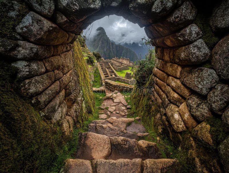 Ancient Inca Trail Tunnel View in Machu Picchu Stock Illustration ...
