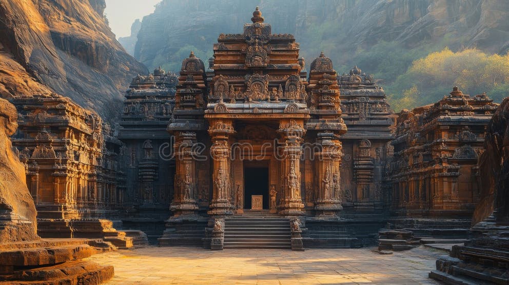 Ancient Indian Rock Cut Temple Architecture Stock Illustration ...