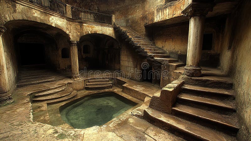 Ancient Indian Ruin Courtyard Pool Stairs Stock Illustration ...