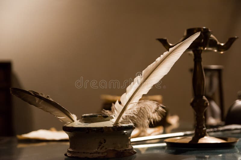 Ancient Inkwell with an Original Bird Pen Stock Image - Image of office ...
