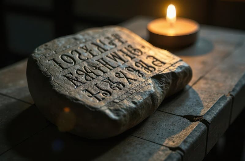 Ancient Inscription on Stone Illuminated by Candlelight in a Dim ...