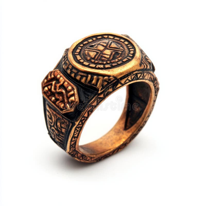Ancient-inspired Geometric Bronze Ring with Embossed Tribal Patterns ...