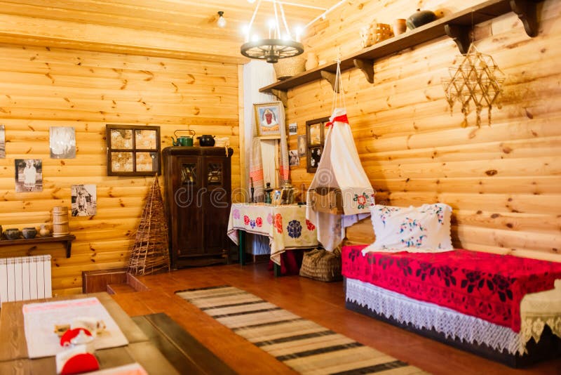 Ancient Interior of a Rural House in an Ethnographic Park. Old Stove ...