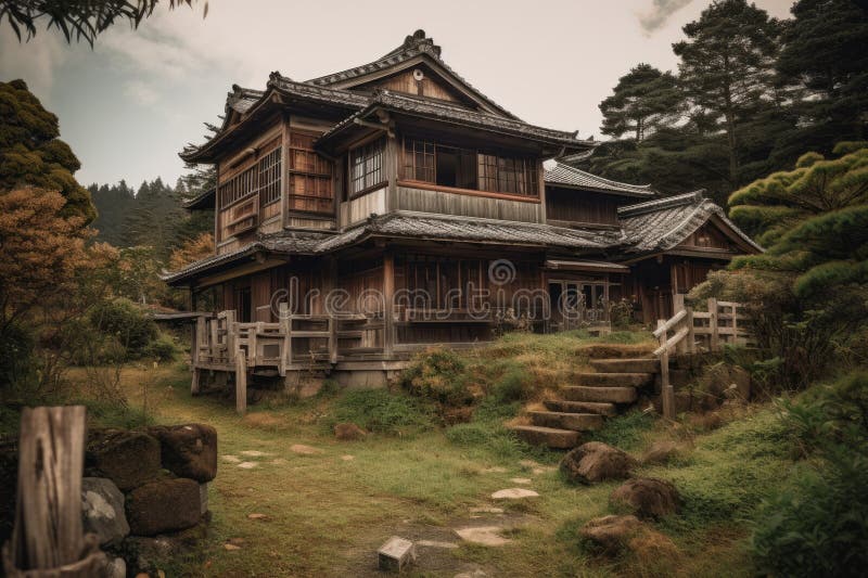 An Ancient Japanese House in the Woods Ai Generative Illustration Stock ...