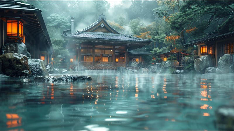 Ancient Japanese Onsen Mystical Mountain Forest Hot Spring Stock ...