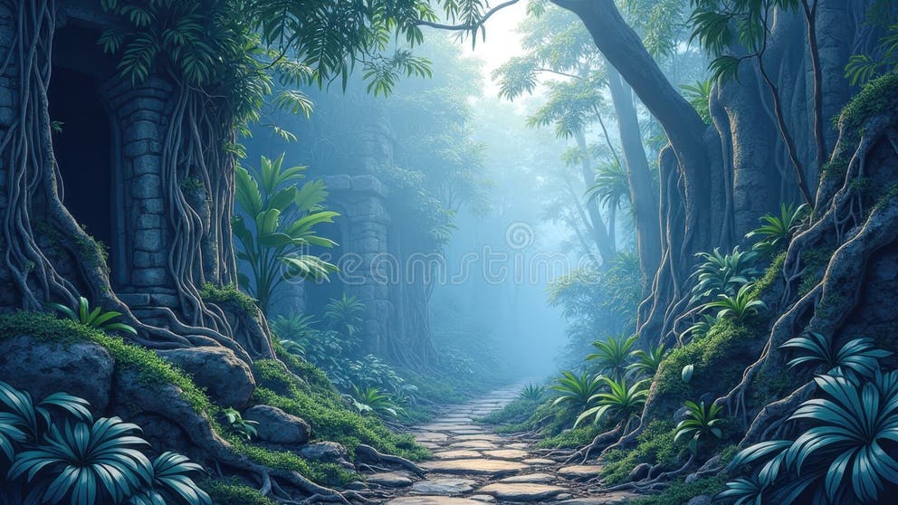 Ancient Jungle Path with Mysterious Stone Ruins and Dense Foliage Stock ...