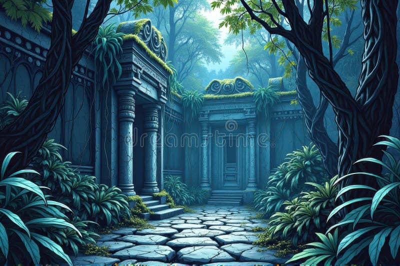 Ancient Jungle Temple at Dawn with Overgrown Vines and Stone Path Stock ...