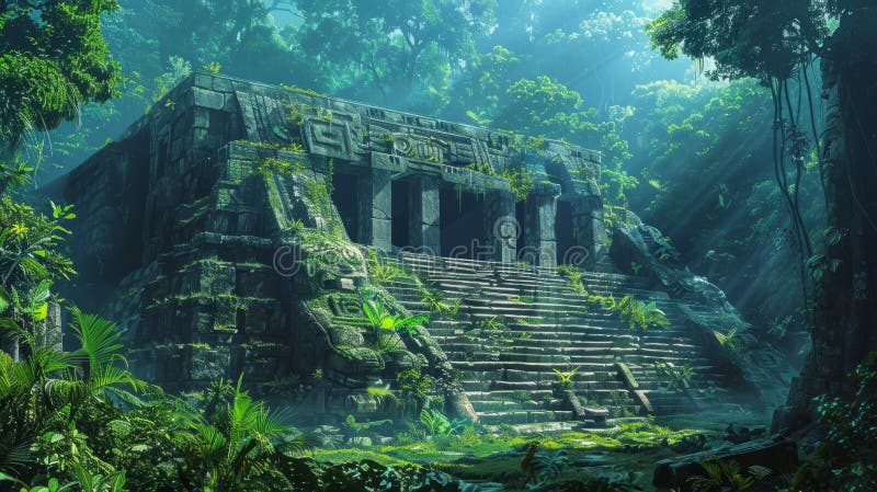 Ancient Jungle Temple Hidden in Dense Foliage with Sunlight Filtering ...