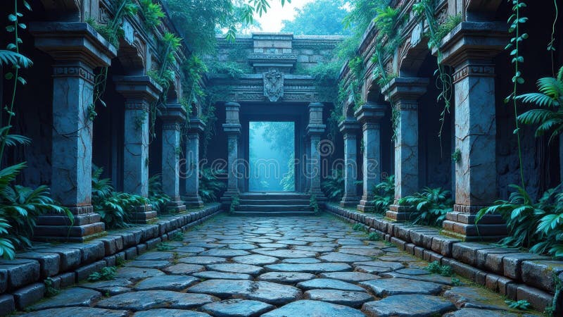 Ancient Jungle Temple Ruins with Lush Vegetation and Stone Columns ...