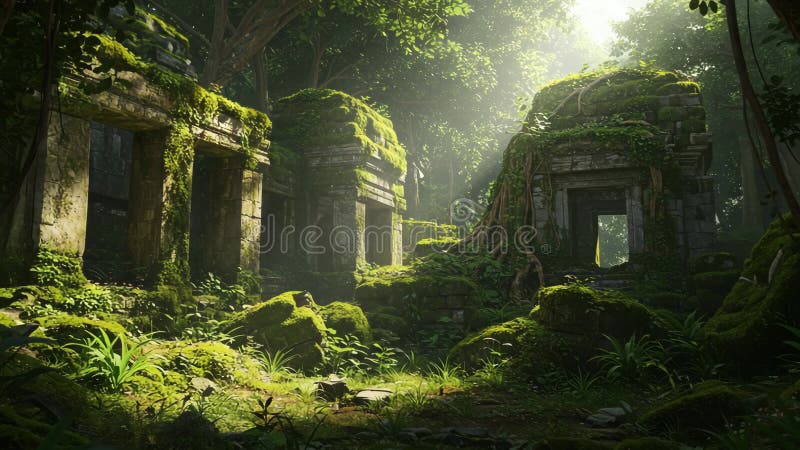 Ancient Jungle Temple Ruins with Sunlight Streaming through Lush ...
