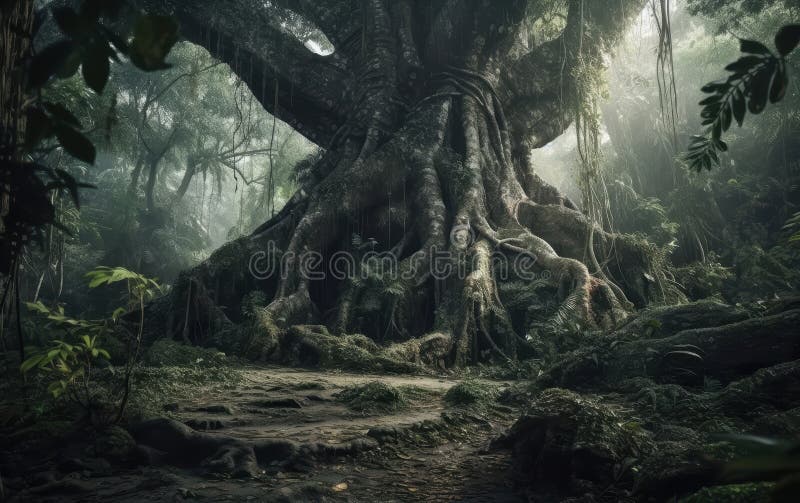 Ancient Jungle Tree: Mystical Roots & Lush Foliage. Created by ...