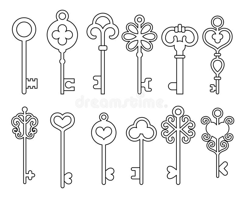 Ancient Key Set. Old Antique Keys. Vector Line. Editable Outline Stroke ...