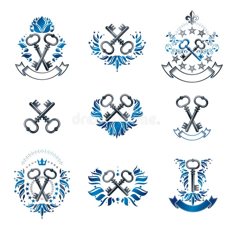 Ancient Keys Emblems Set. Heraldic Coat of Arms Decorative Logos Stock ...
