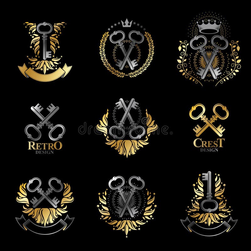Ancient Keys Emblems Set. Heraldic Coat of Arms Decorative Logos Stock ...