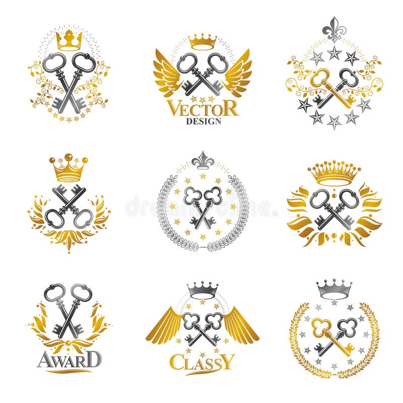 Ancient Keys Emblems Set. Heraldic Coat of Arms Decorative Logos Stock ...