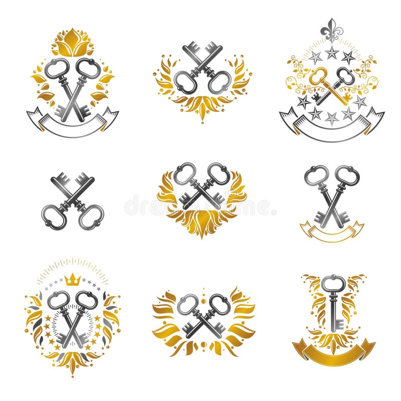 Ancient Keys Emblems Set. Heraldic Coat of Arms Decorative Logos Stock ...