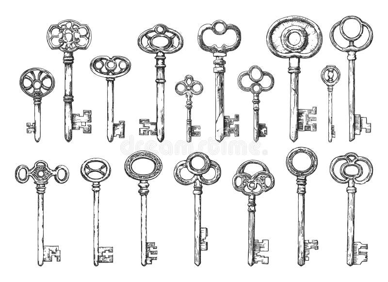 Ancient Keys Set Modern Engraving Technique Illustration on White ...