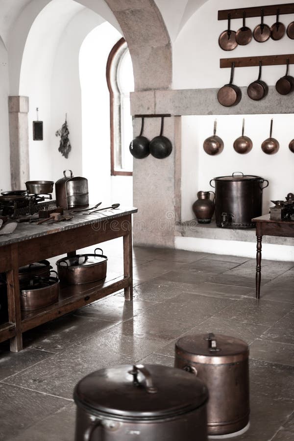 Ancient Kitchen with Old Cookware Stock Image - Image of kitchen, wall ...