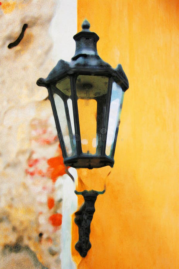 Ancient Lantern on the Textured Wall Shines with Warm Light Stock Photo ...