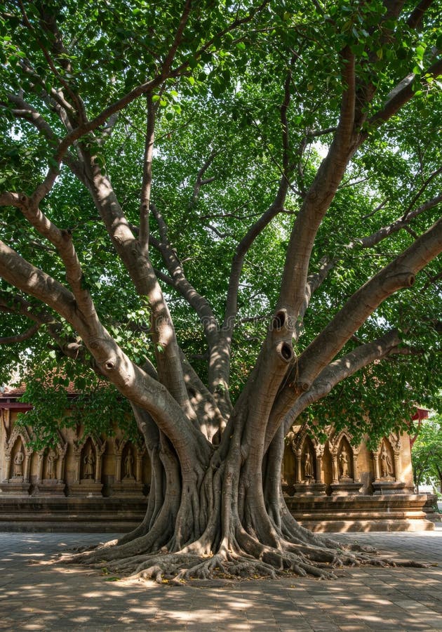 Ancient Large Tree with Extensive Roots Near Temple Stock Illustration ...