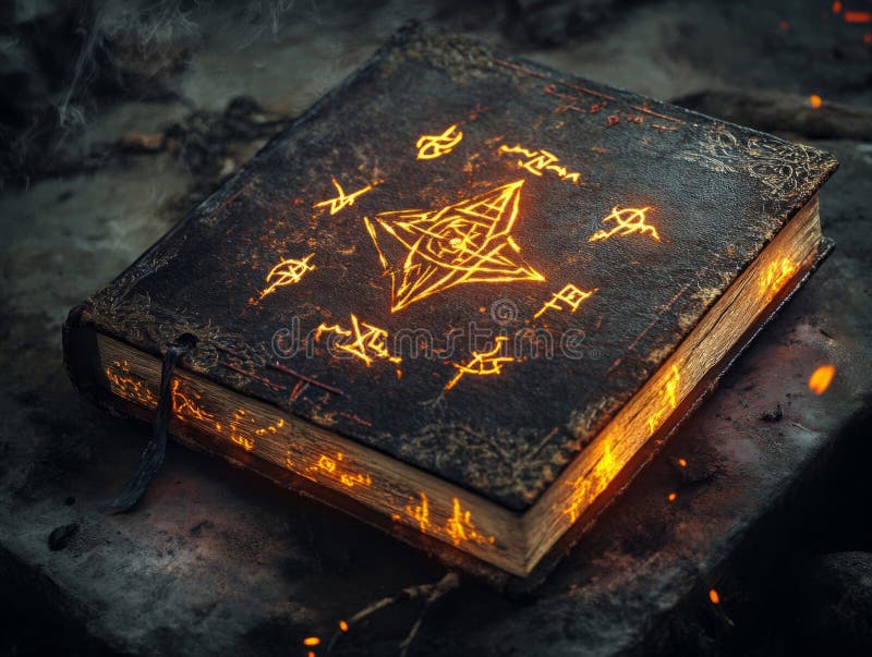 Ancient, Leather-Bound Book with Glowing Runes Stock Illustration ...