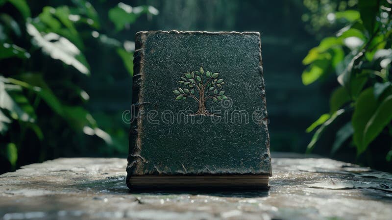 Ancient Leather-bound Book with Tree of Life Emblem in Forest Stock ...