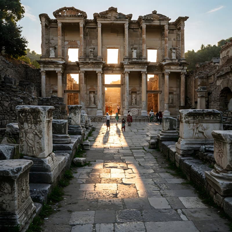 Ancient Library of Celsus Ruins at Ephesus, Sunlight Streams through ...