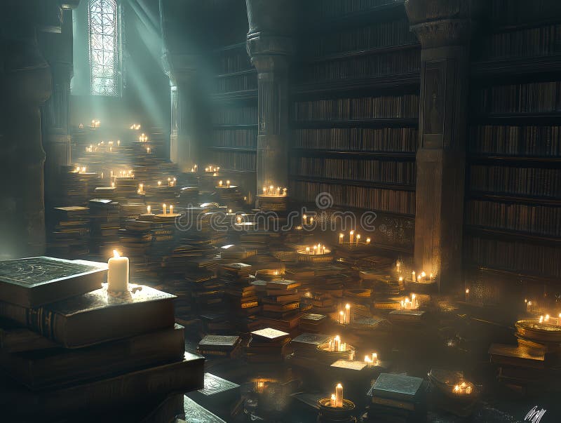 Grand Candlelit Library with Intricate Architectural Designs Stock ...