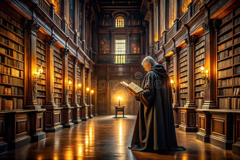 Ancient Library Illuminated by Warm Candlelight with a Hooded Figure ...