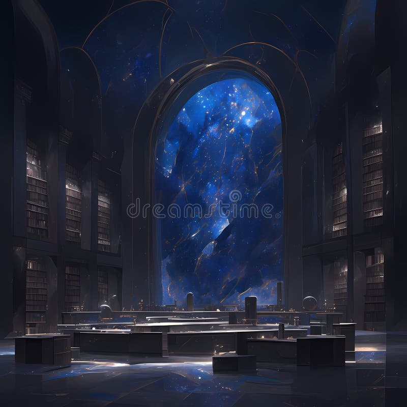 Ancient Library, Mysterious Archway To Starlit Universe Stock ...