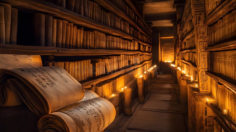 Ancient Library with Scrolls and Hieroglyphs Illuminated by Candlelight ...