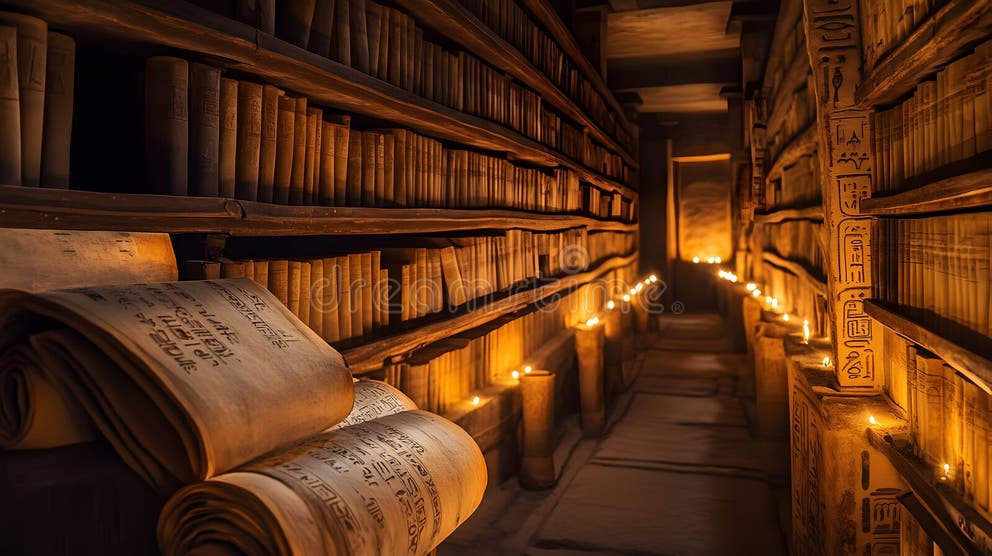 Ancient Library with Scrolls and Hieroglyphs Illuminated by Candlelight ...