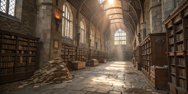 Ancient Library with Sun Rays Streaming through Tall Windows during the ...