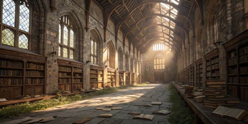 Ancient Library with Sunlight Streaming through Stained Glass Windows ...