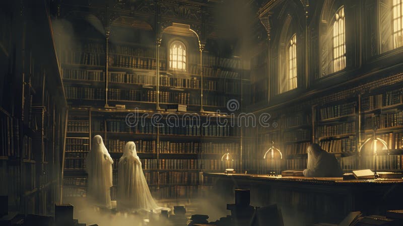 Haunted Library with Ghostly Figures among Ancient Books and Glowing ...