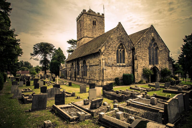 Ancient Little Church with Graveyard Stock Image - Image of building ...