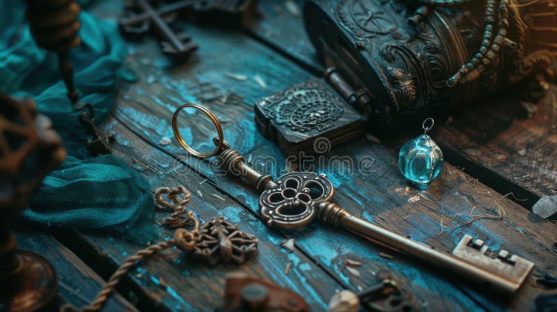 Ancient Lock and Mystical Old Key on Rustic Table with Magical ...