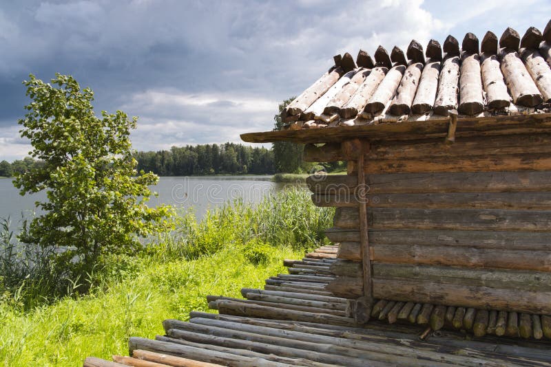Ancient log house stock image. Image of bark, reeds, house - 74603057