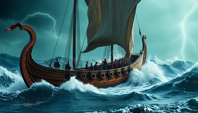 Ancient Longship Battling Tempestuous Waves at Night Stock Illustration ...