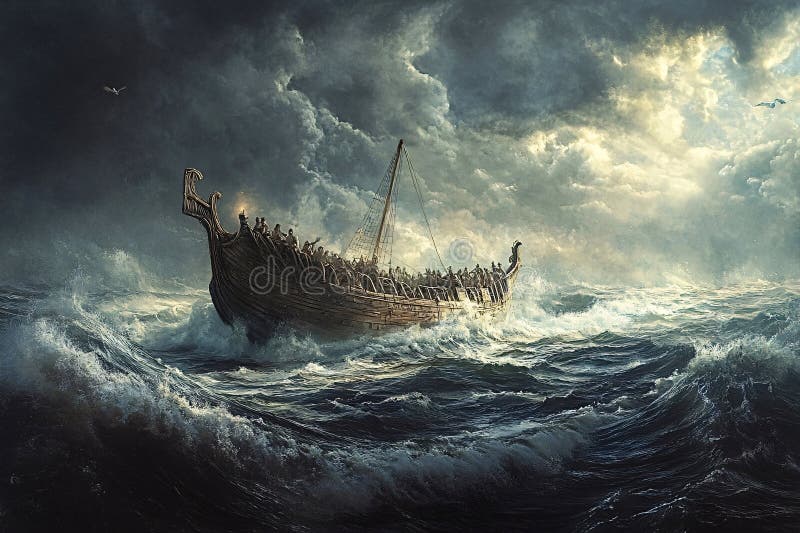 Ancient Longship Sailing through Stormy Sea with Crew Battling the ...